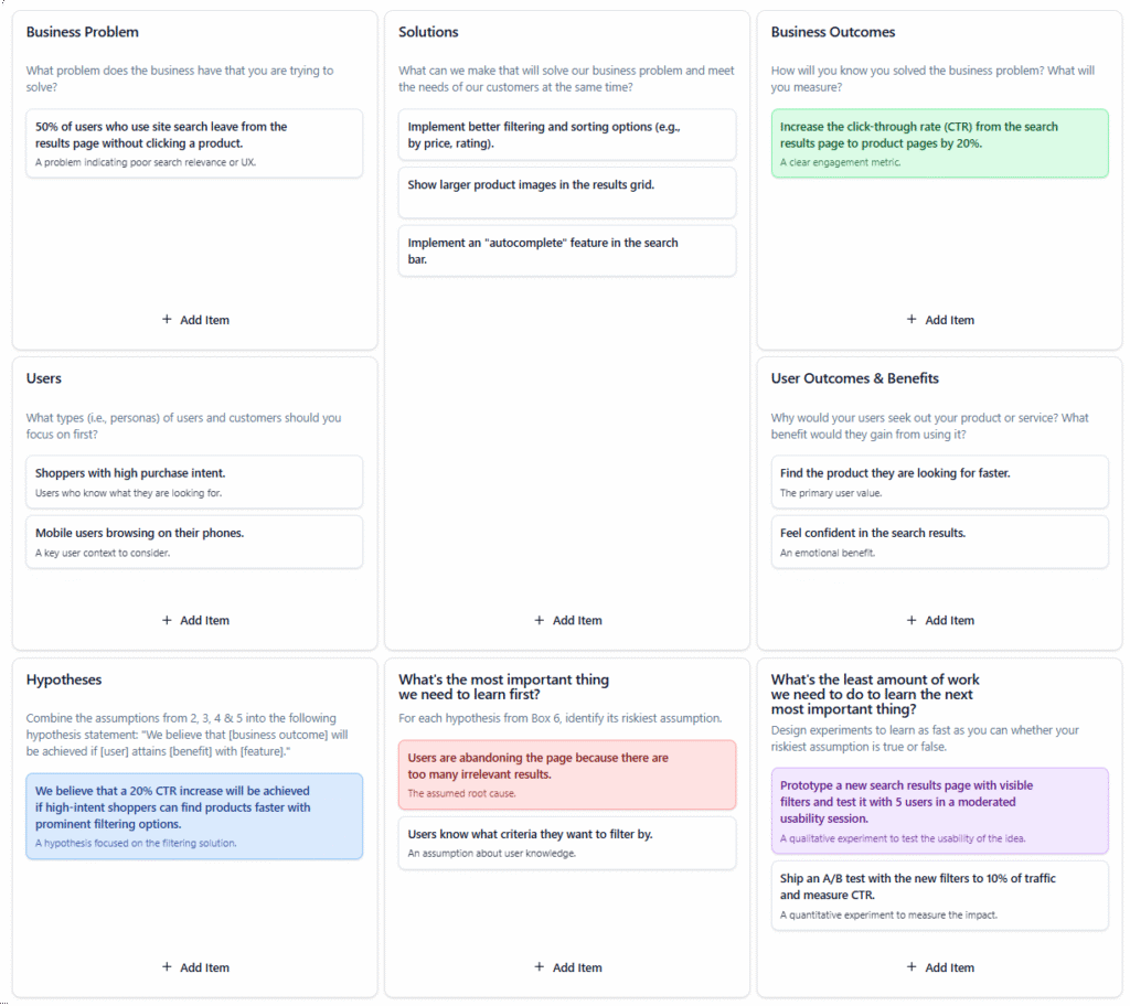 E-commerce Search Results Page - Lean UX Canvas Example